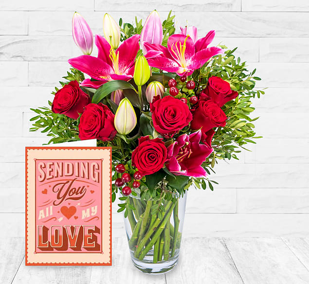 Red Rose & Lily & Card | 123 Flowers